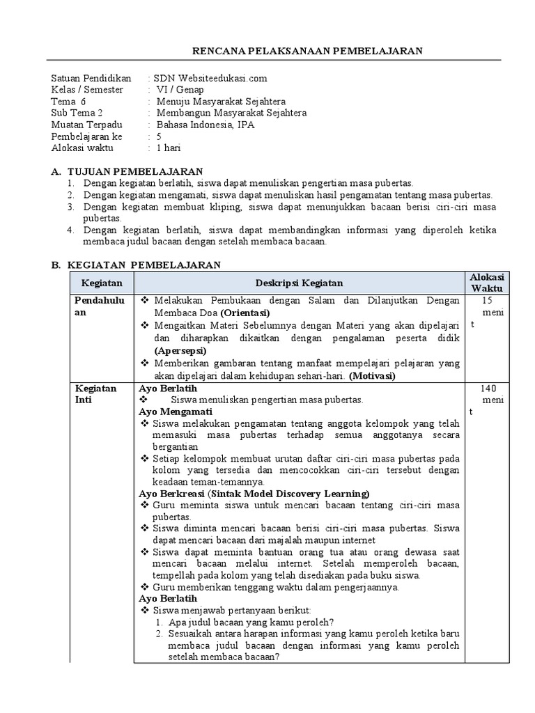 Pembelajaran Pubertas Kelas VI | PDF | Karier & Perkembangan