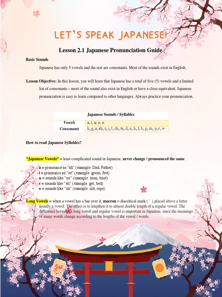 Lesson 2.1 Learn Basic Japanese - Japanese Pronunciation Guide | PDF ...