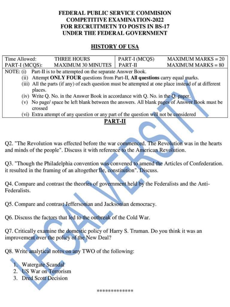 CSS History of USA Past Paper 2022 | PDF
