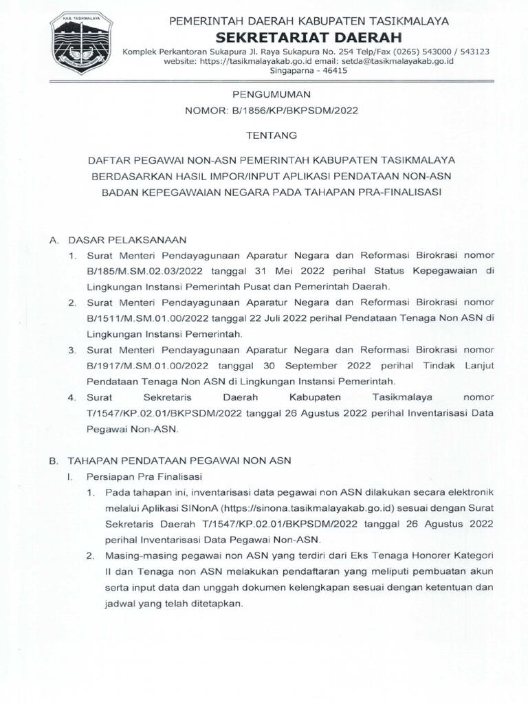 Pengumuman Pendataan Non ASN 2022 (Pra-Finalisasi) | PDF