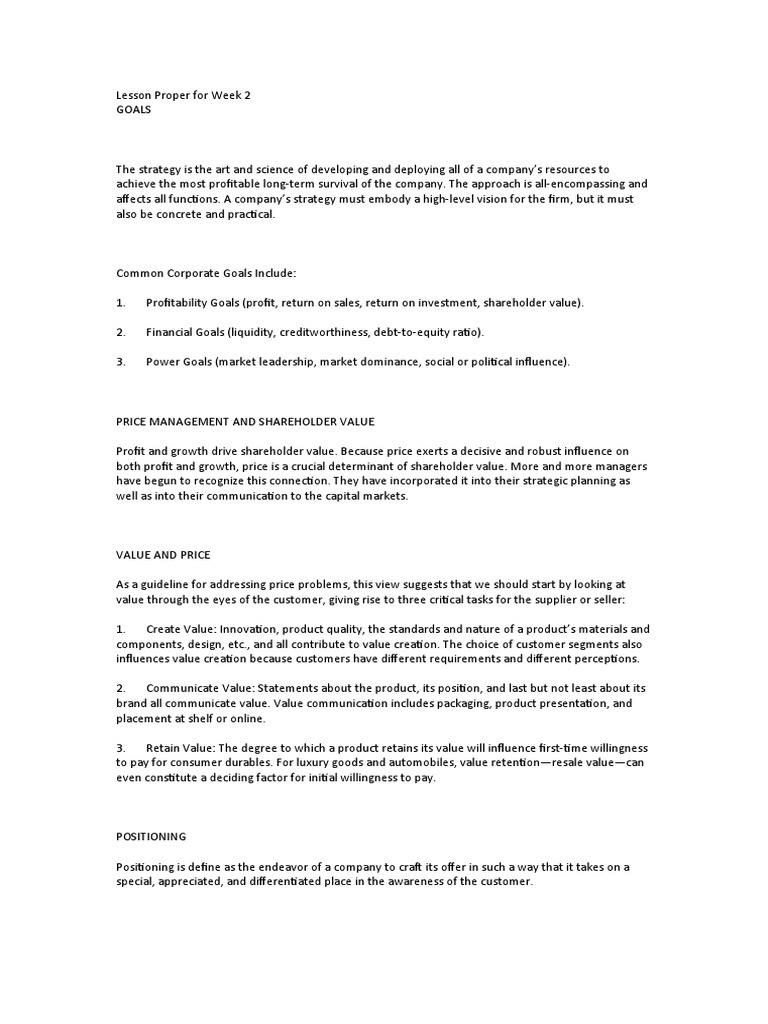 Week 2 Lesson on Corporate Goals, Pricing Strategy, and Price ...