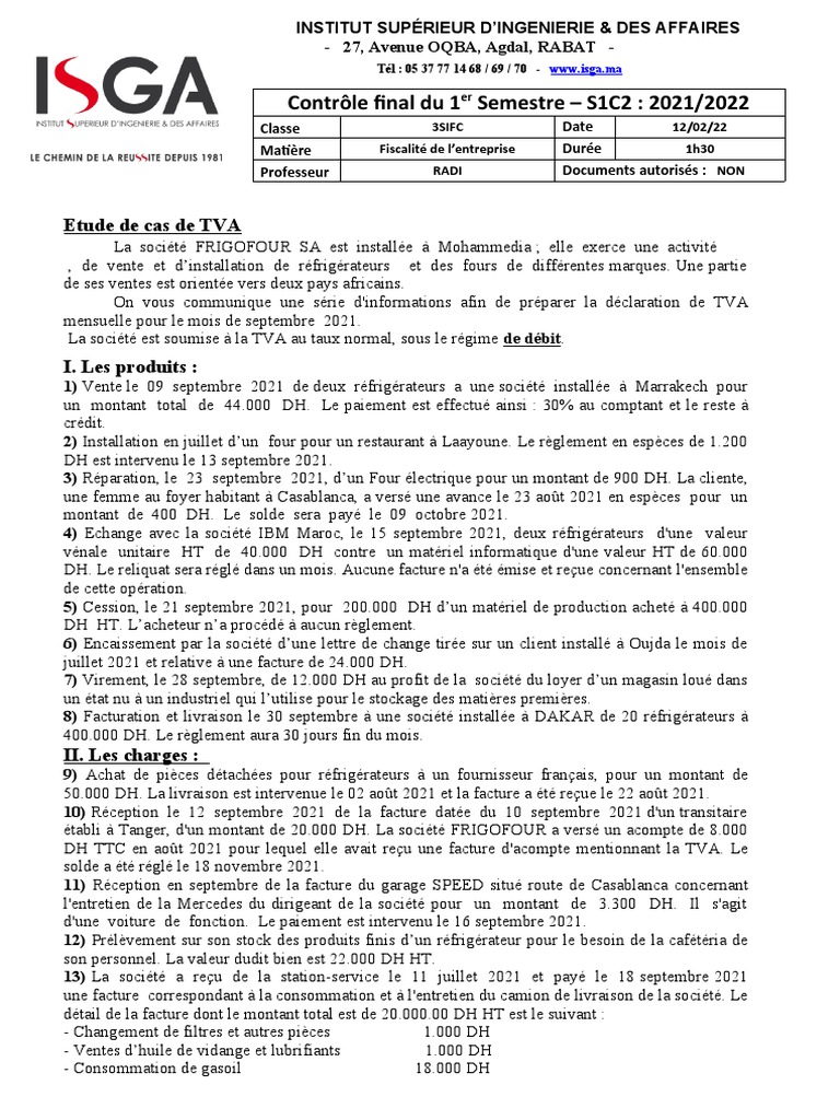 Examen C2S1 FSCA 21 22 | PDF | Facture | Taxe sur la valeur ajoutée