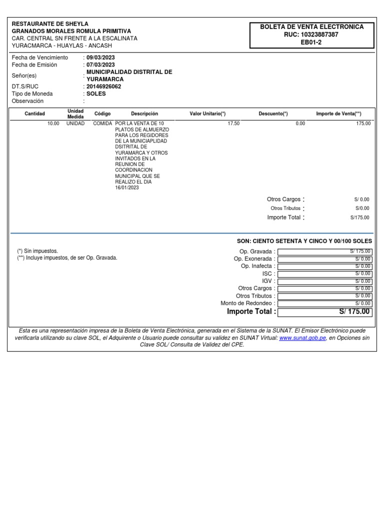Boleta Electrónica Restaurante Sheyla | PDF