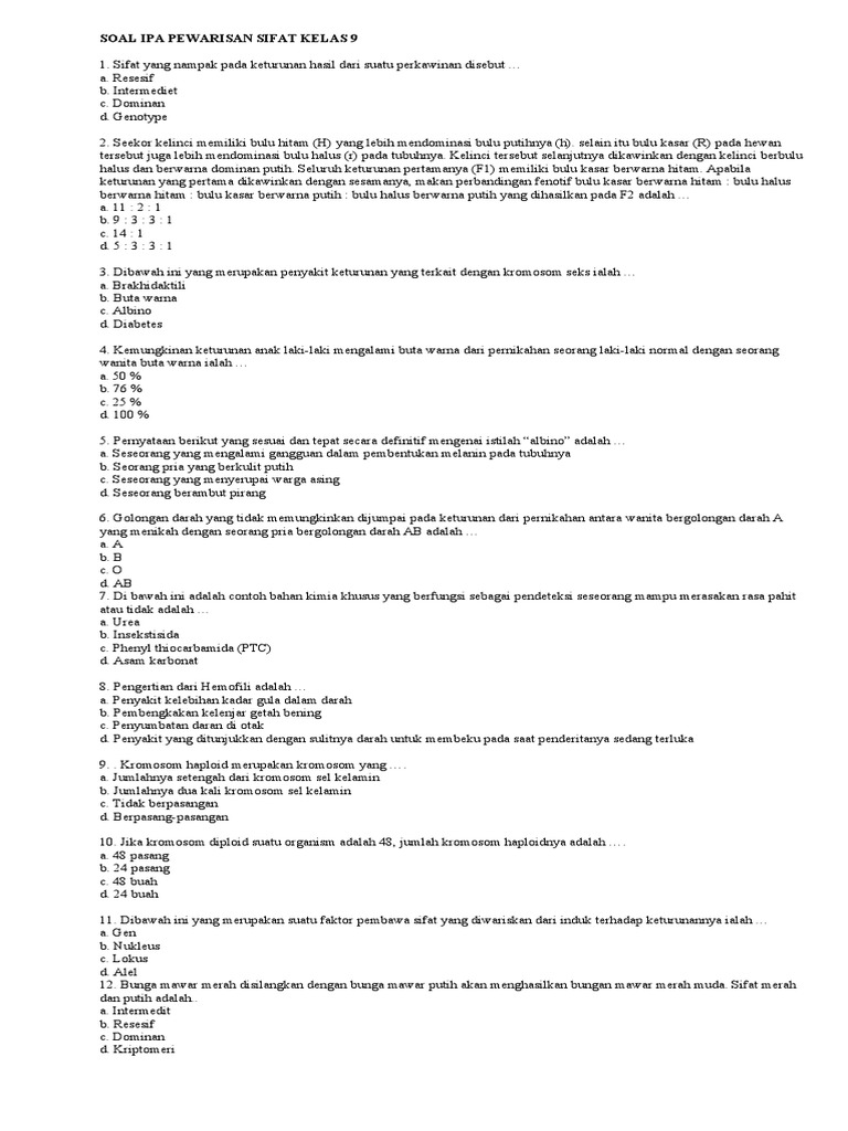 Soal Ipa Pewarisan Sifat Kelas 9 SMSTR 2 | PDF