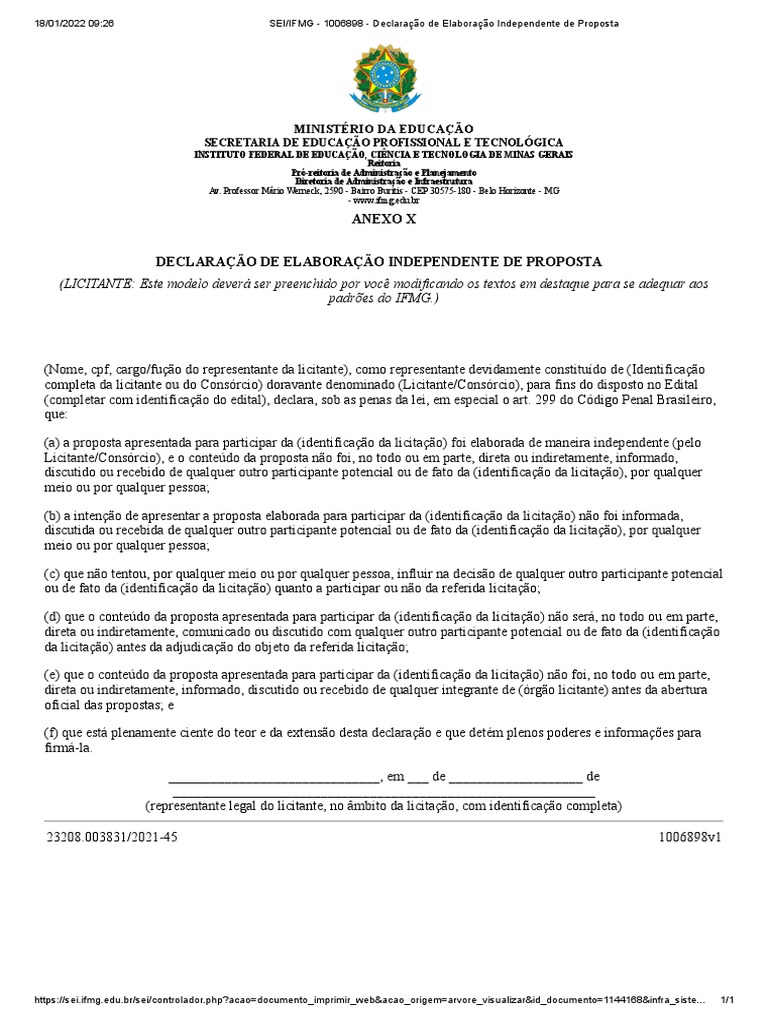 151442-010. Anexo X - Declaração de Elaboração Independente de Proposta ...