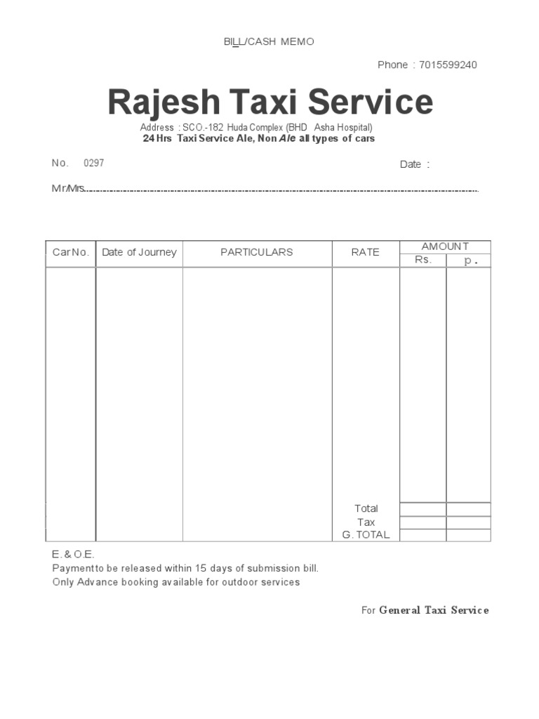 Taxi Bill Format for Rajesh Taxi Service | PDF