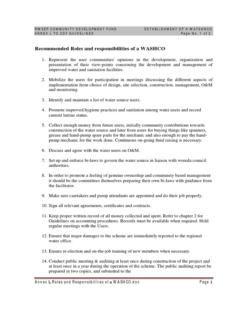 Annex L Roles and Responsibilities of A WASHCO | PDF
