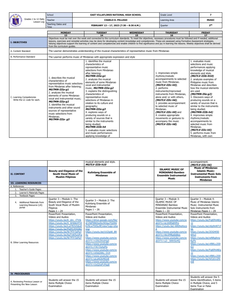 Grade 7 Music: Mindanao Focus | PDF | Learning | Curriculum