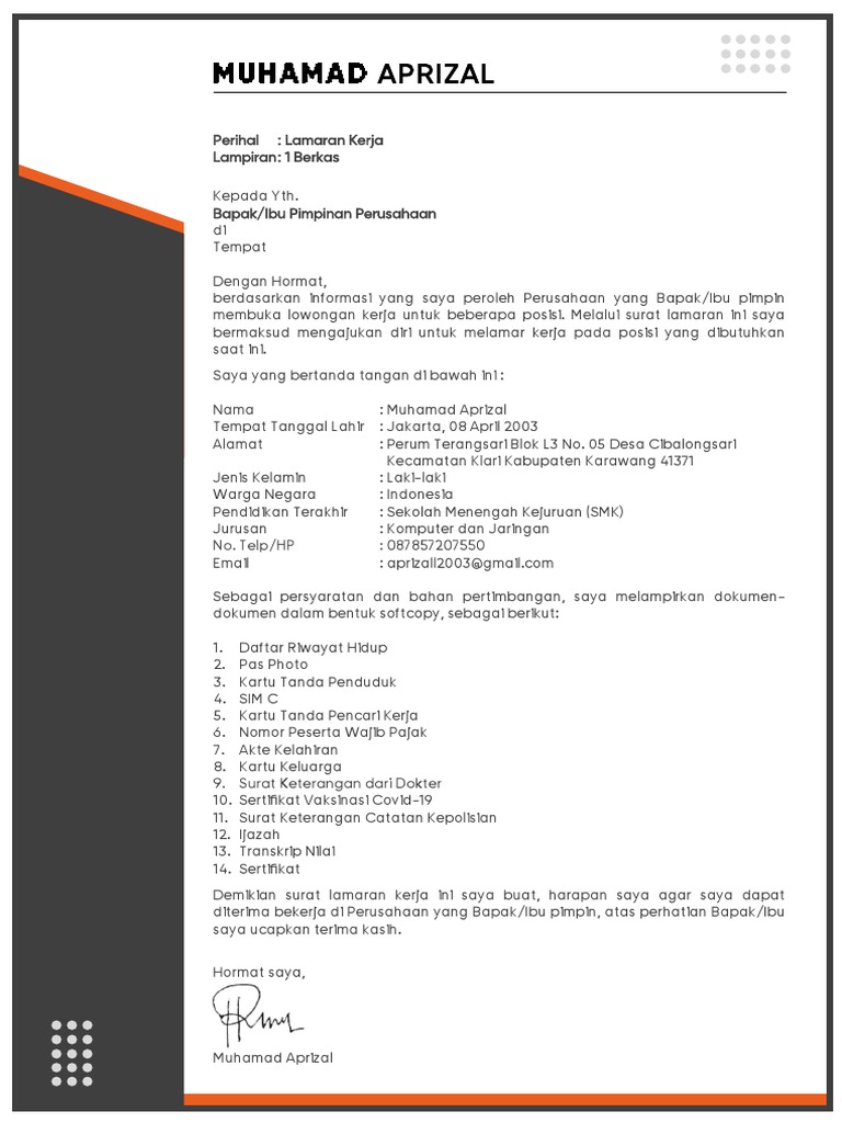 Surat Lamaran Kerja Muhamad Aprizal | PDF