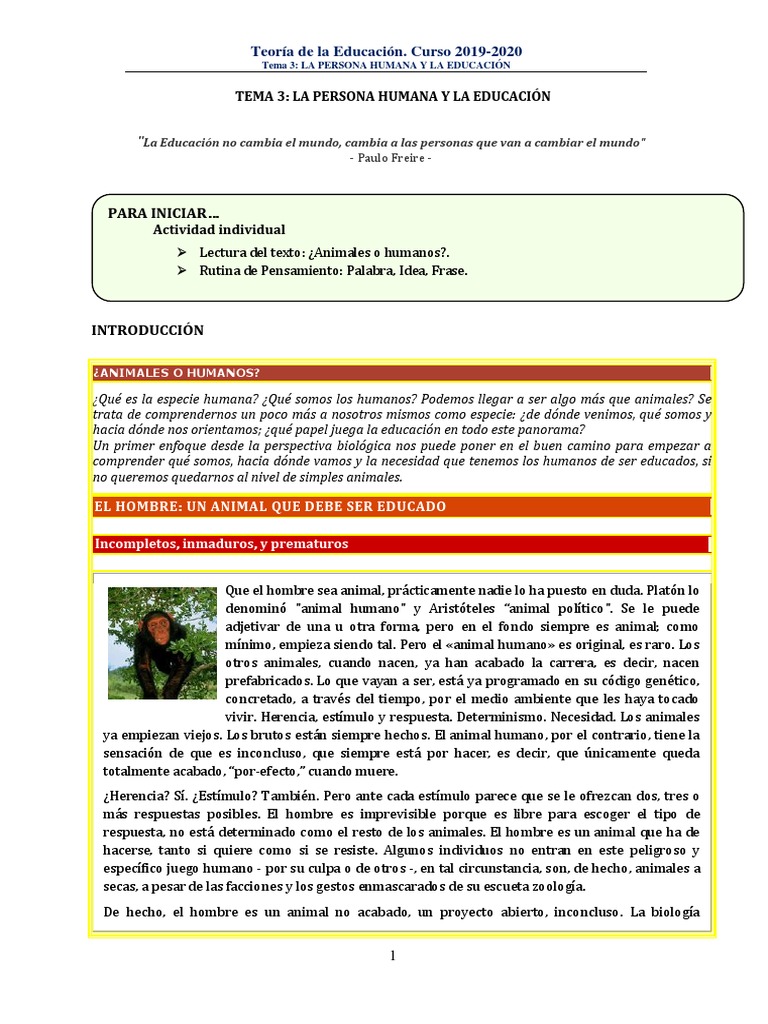Tema 3 La Persona Humana y La Educación PDF | PDF | Aprendizaje | Homo Sapiens