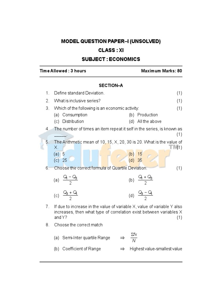 Analysis of an Unsolved Model Question Paper on Economics for Class 11 ...