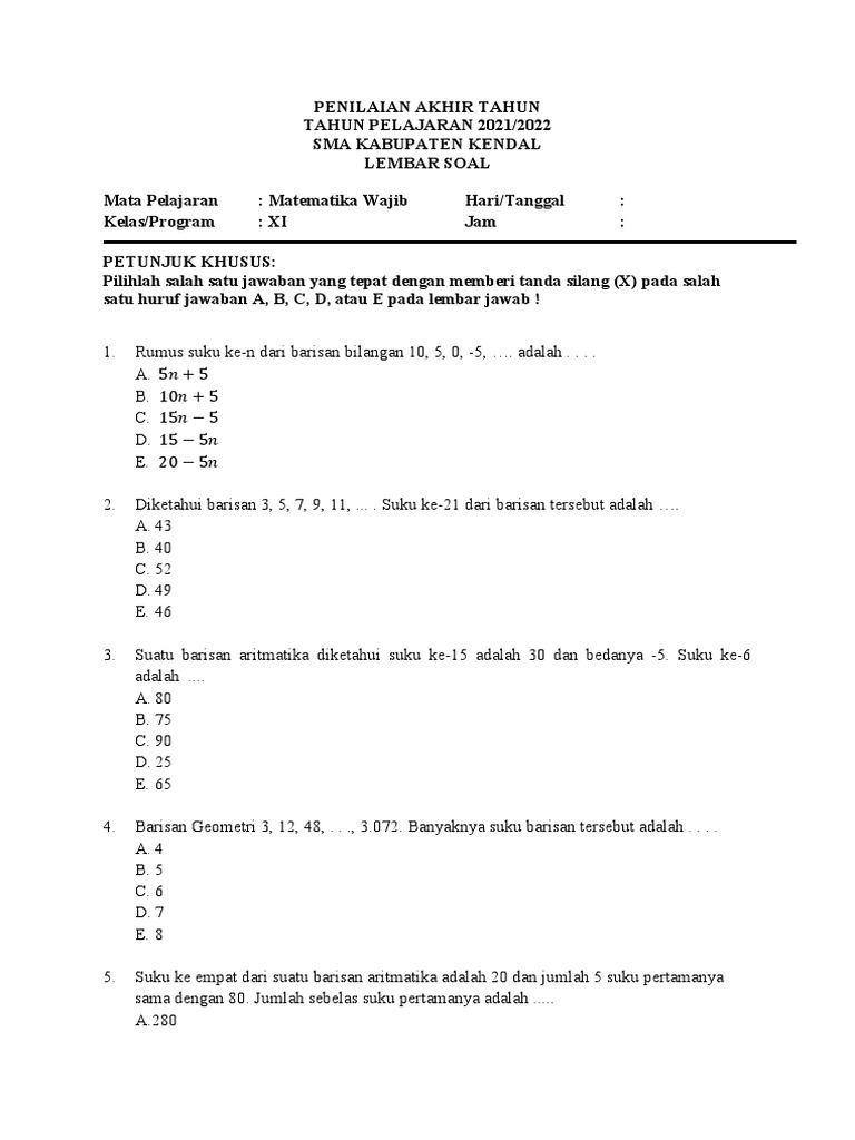 Naskah Soal Mat Wajib Kelas Xi PDF | PDF