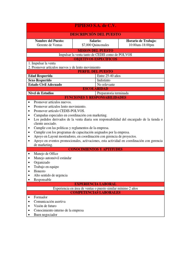 Descripción de Puesto (Gerente de Ventas) PDF | PDF Descripción de Puesto (Gerente de Ventas) PDF | PDF
