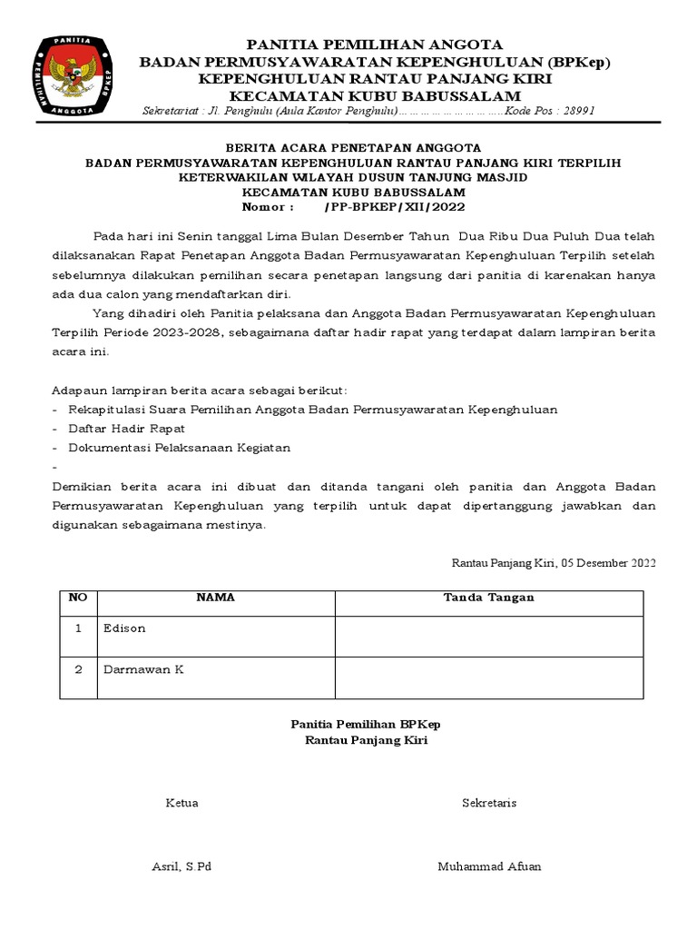 Penetapan Anggota BPKep Rantau Panjang Kiri | PDF