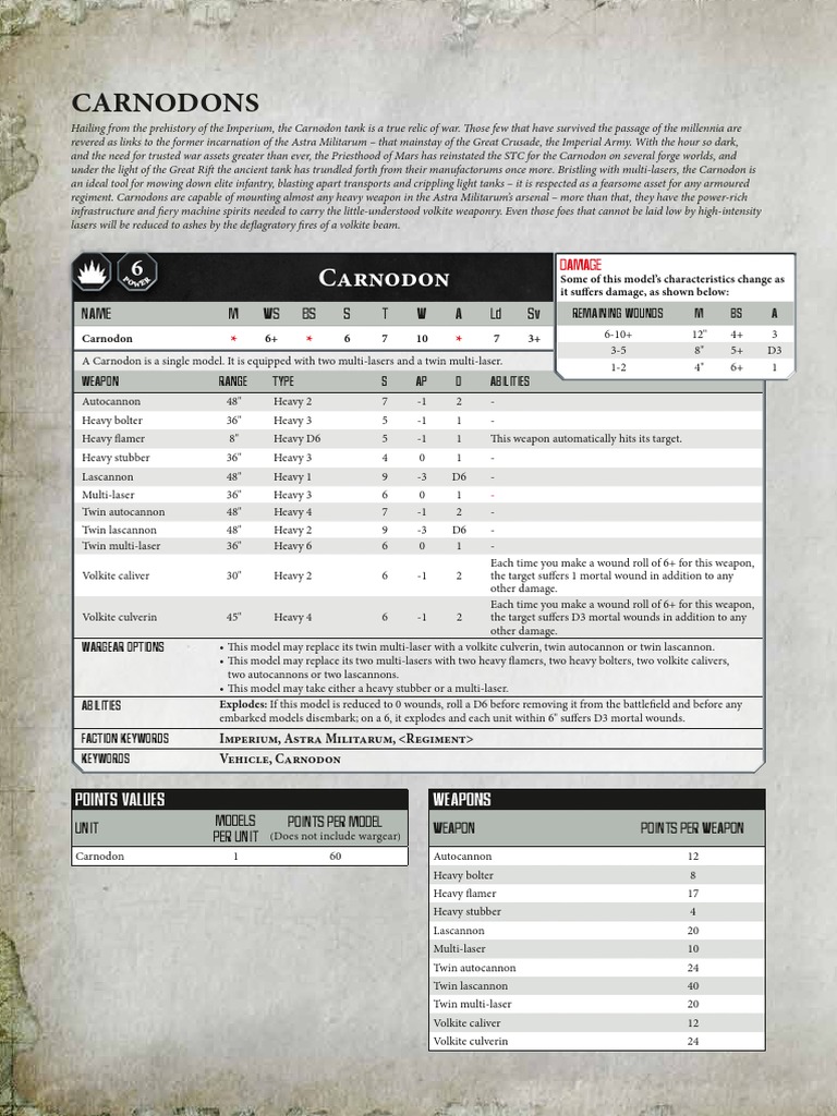 Warhammer 40k - Army List - Datasheet - Carnodon (2018) | PDF | Tracked ...