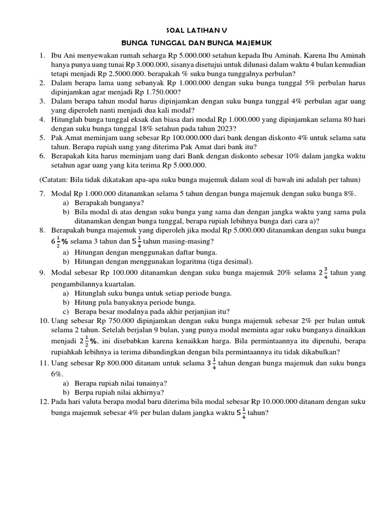 Soal Latihan Barisan Dan Deret V - Bunga. Tunggal Dan Bunga Majemuk | PDF
