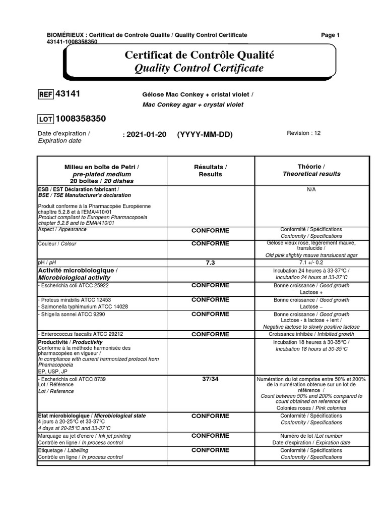 Certificat de qualité gélose Mac Conkey | PDF | Microbiologie | Bactérie