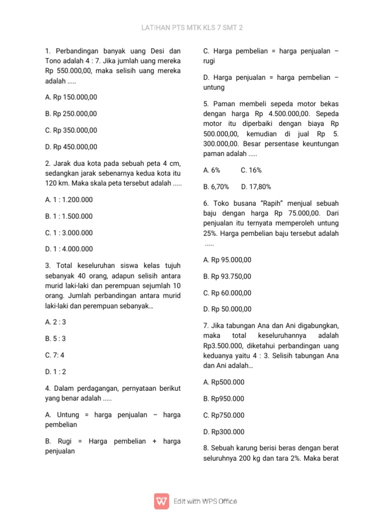 Soal PTS MTK Kls 7 SMT 2 PDF | PDF