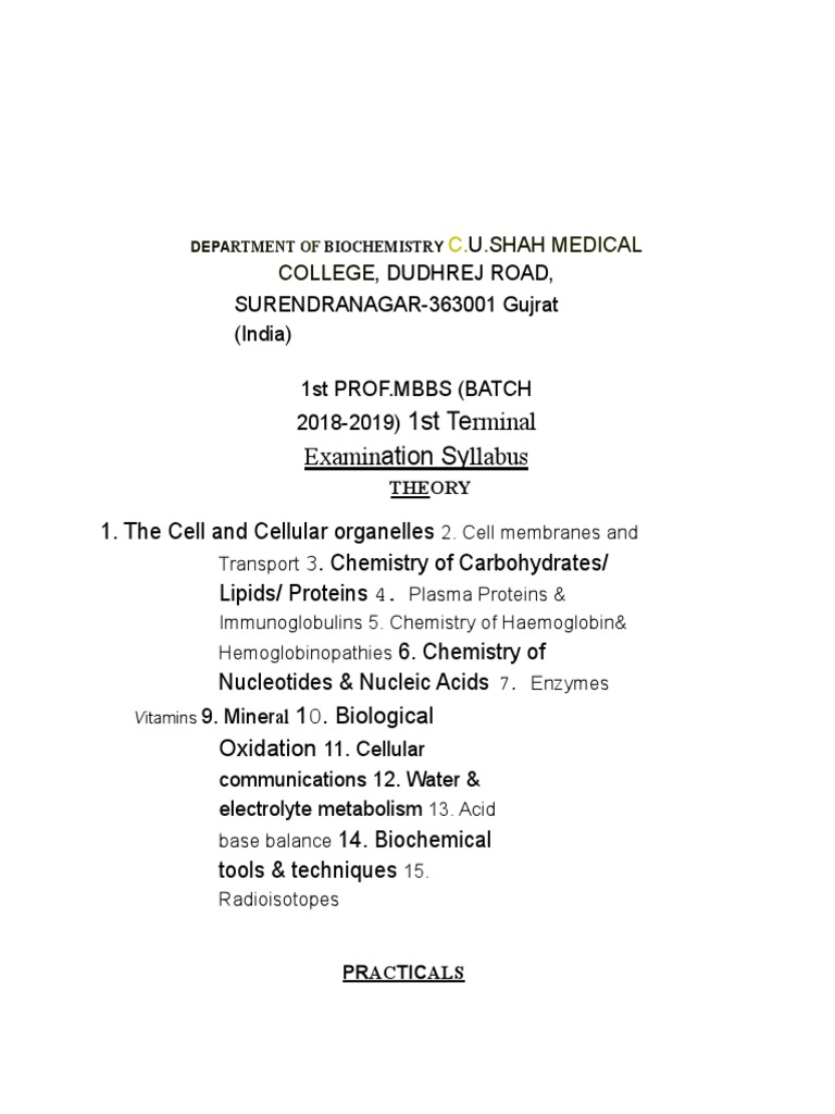 Biochemistry Syllabus for 1st Prof MBBS Batch 2018-19 | PDF