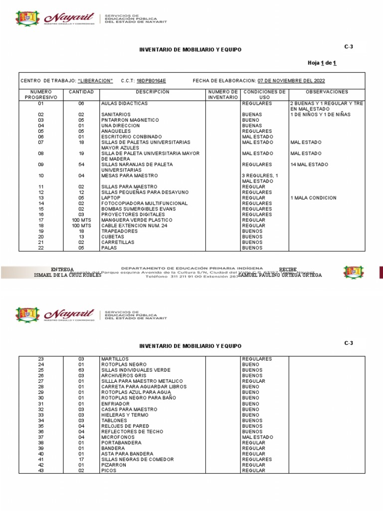 FORMATO DE INVENTARIO DE MOBILIARIO Y EQUIPO (C-3 Origi | PDF