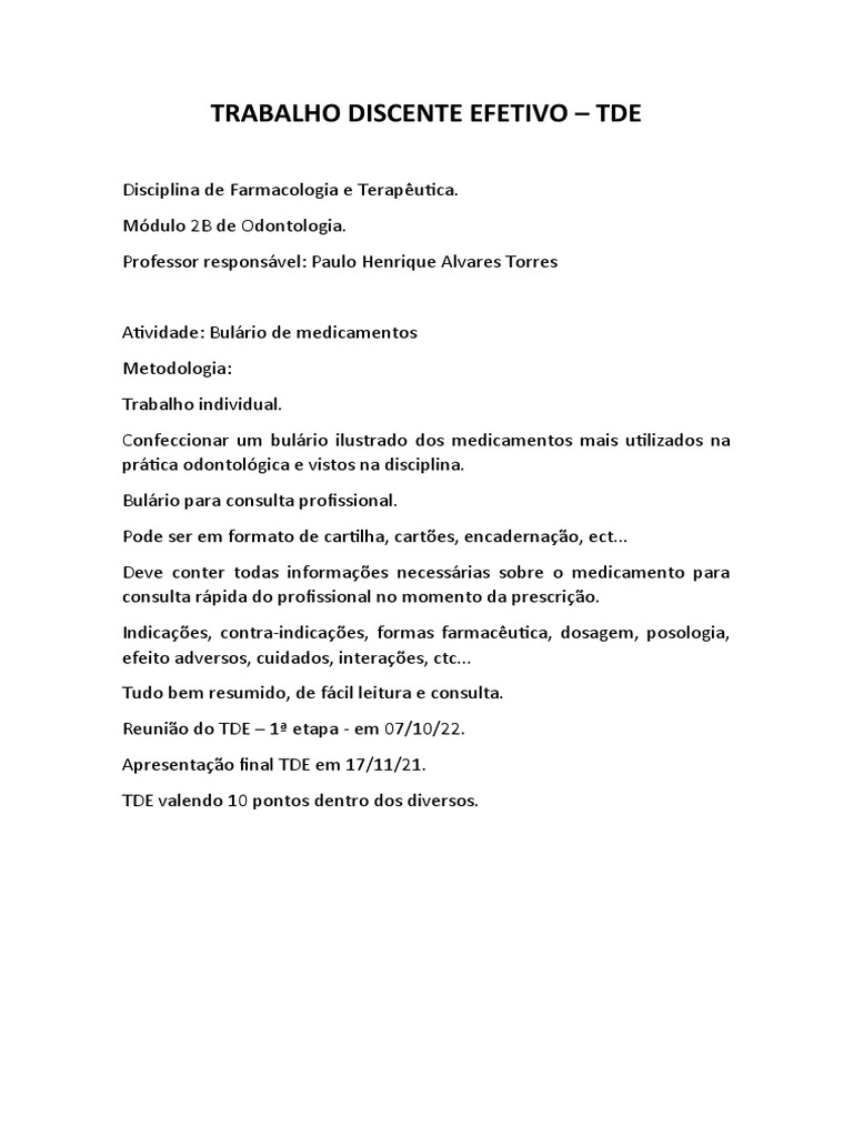 Bulário de medicamentos odontológicos TDE | PDF