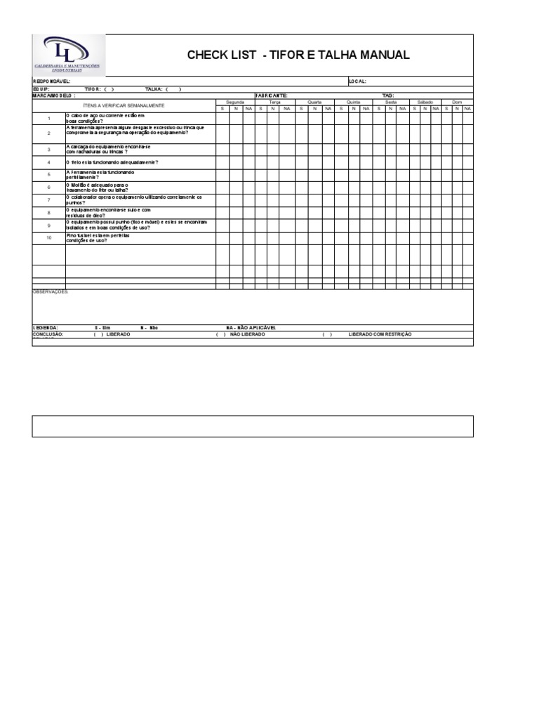 CHECK LIST - Talhas e Tifor | PDF