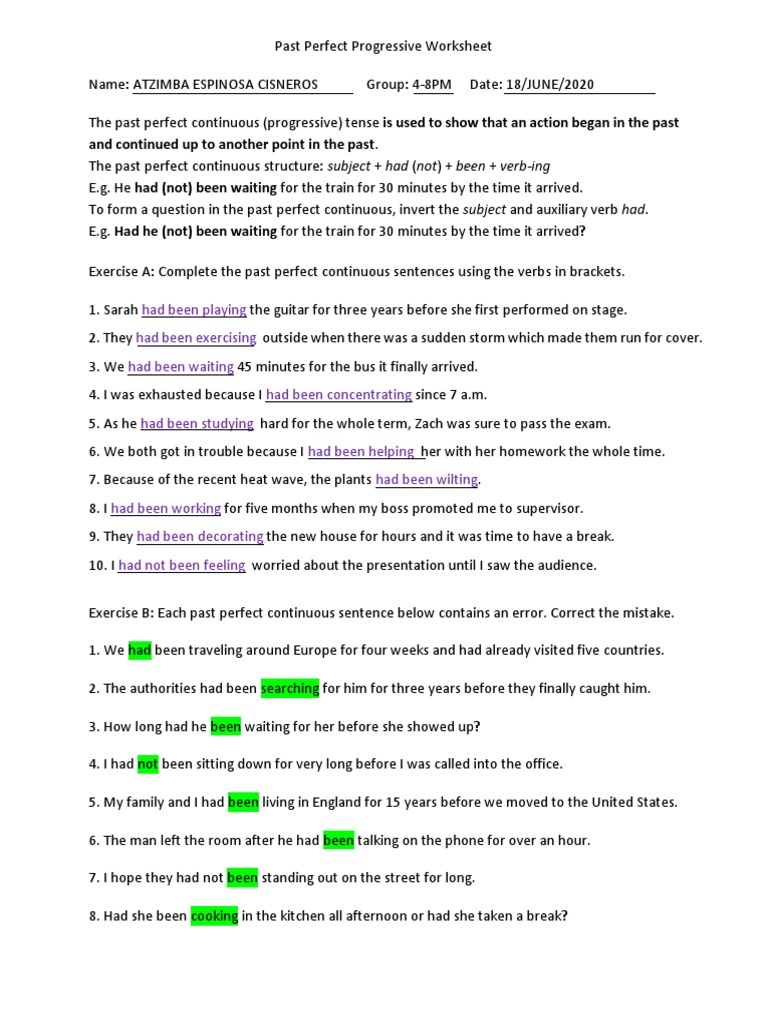 Past Perfect Progressive Exercises Worksheet | PDF | Biscuit | Grammar