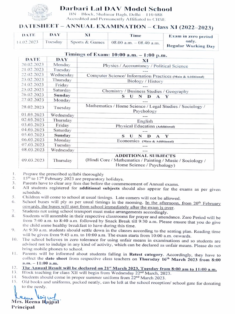 Datesheet Class 11 TH Annual Exam (2022-23) PDF | PDF | Science