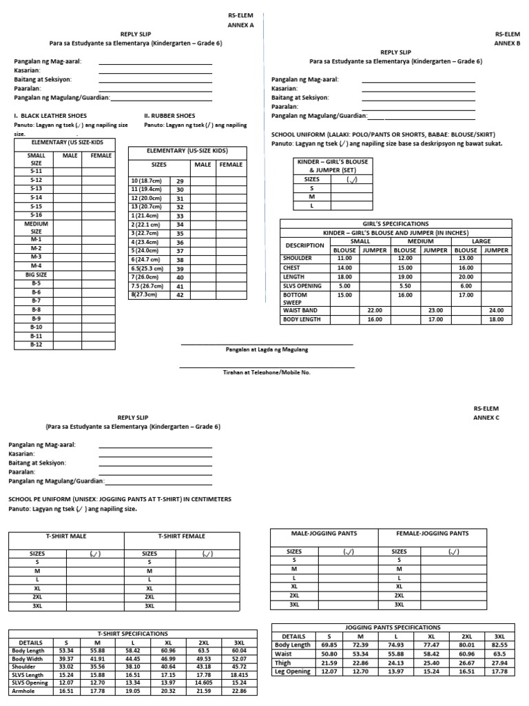 Elementary Student Uniform Sizes | PDF | Skirt | Blouse
