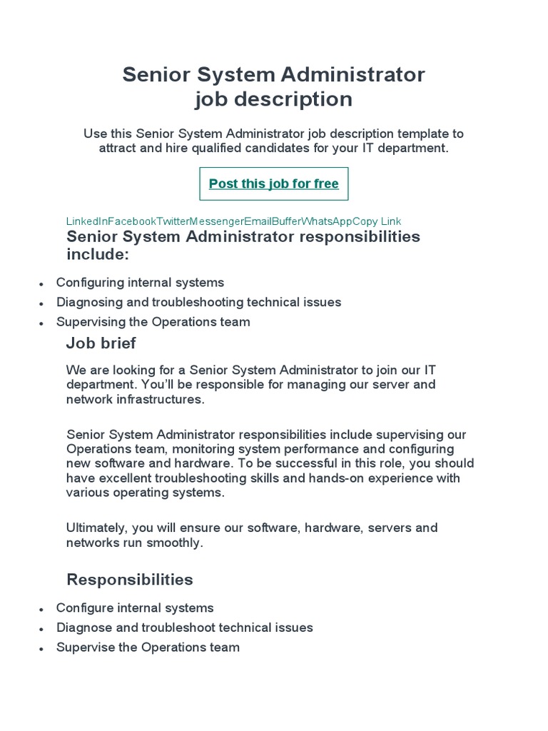 Senior System Administrator Job Description | PDF | Computers