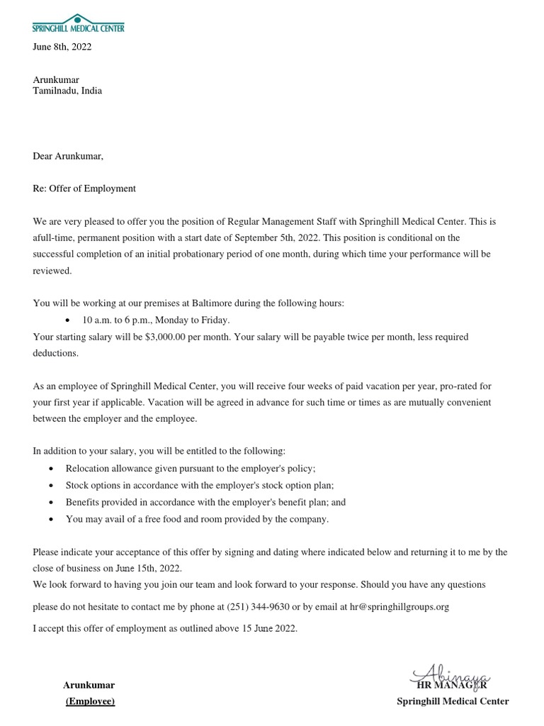 Offer Letter - Arunkumar | PDF