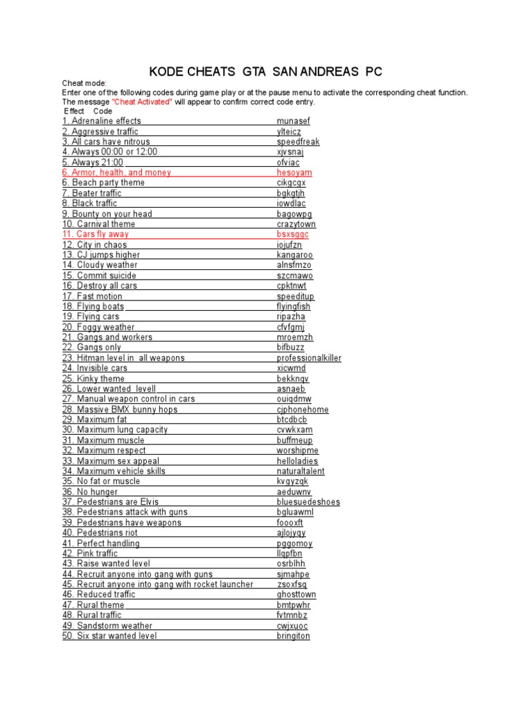 Cheats Gta San Andreas PC | PDF