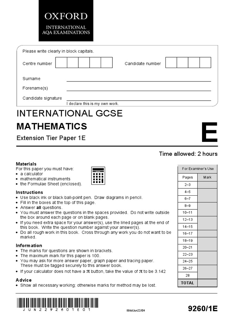 9260 1e Question Paper 1 International Gcse Mathematics Ext Jun22 | PDF ...