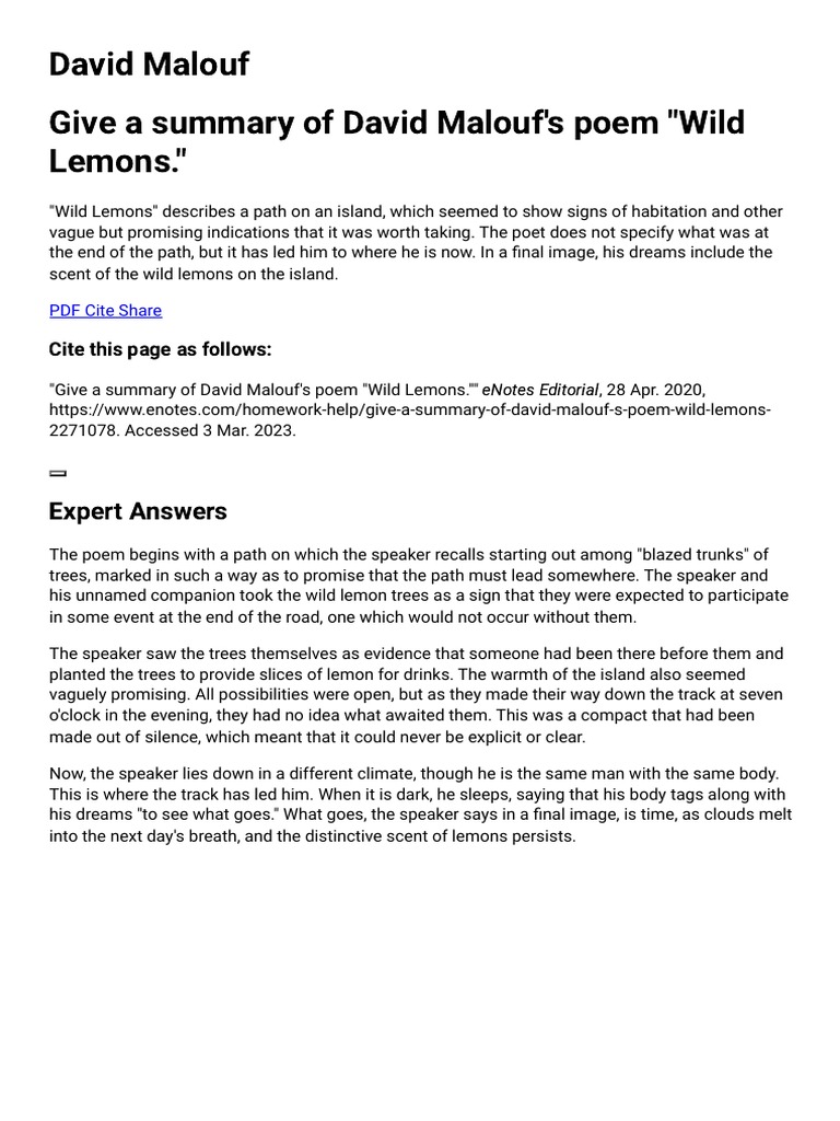 Wild Lemons (David Malouf) | PDF | Poetry