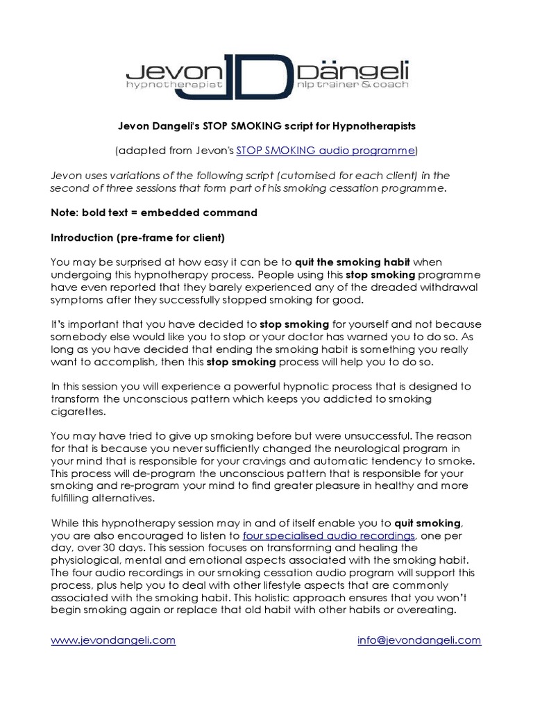 Jevon Dangeli STOP SMOKING Script For Hypnotherapists | PDF | Unconscious Mind | Mind