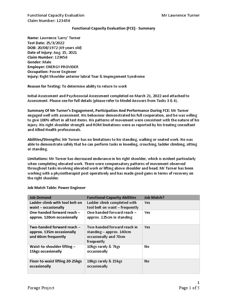 Functional Capacity Evaluation Summary | PDF
