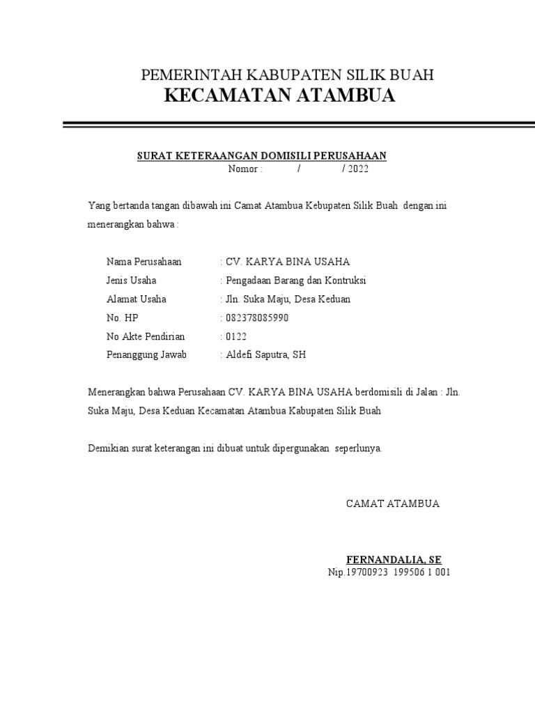 Surat Keterangan Domisili CV Karya Bina | PDF
