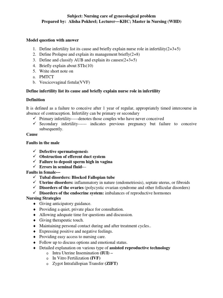 Sangh Subjective Gynecological Nursing | PDF | Infertility | Assisted Reproductive Technology