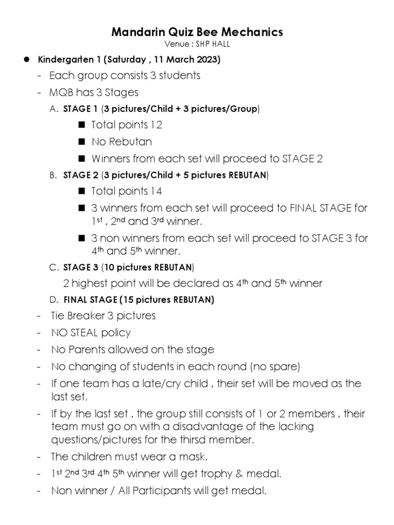 Mandarin Quiz Bee Mechanics Overview | PDF