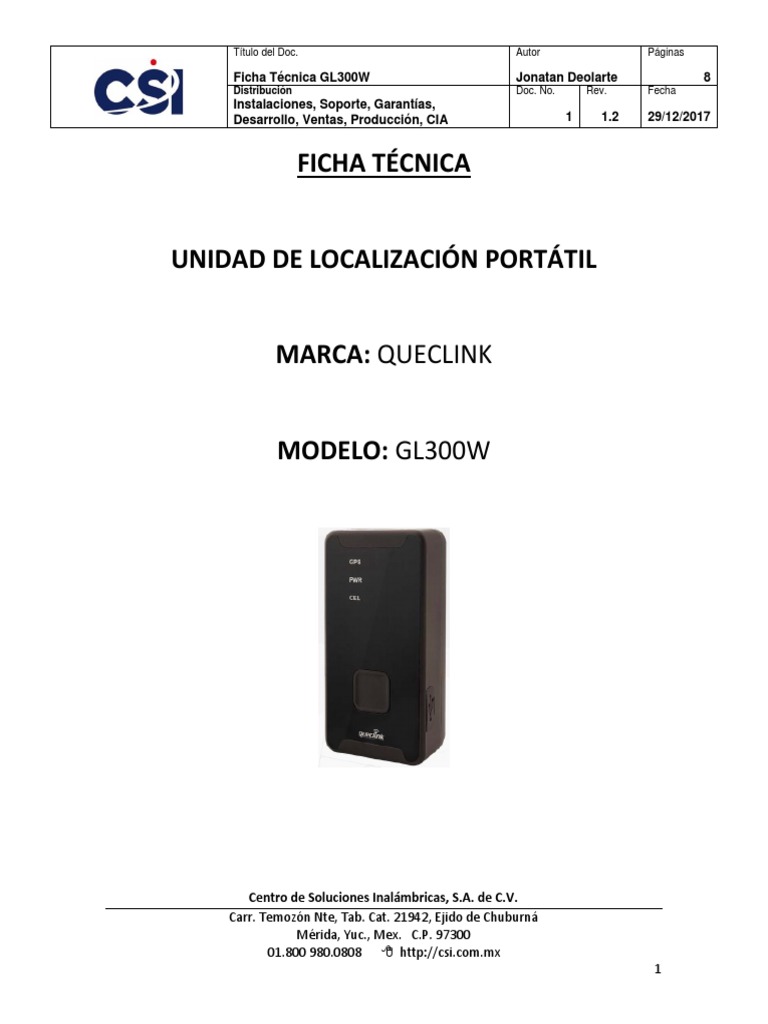 Ficha Técnica Queclink GL300W 3G PDF | PDF | Diodo emisor de luz | Cargador de batería