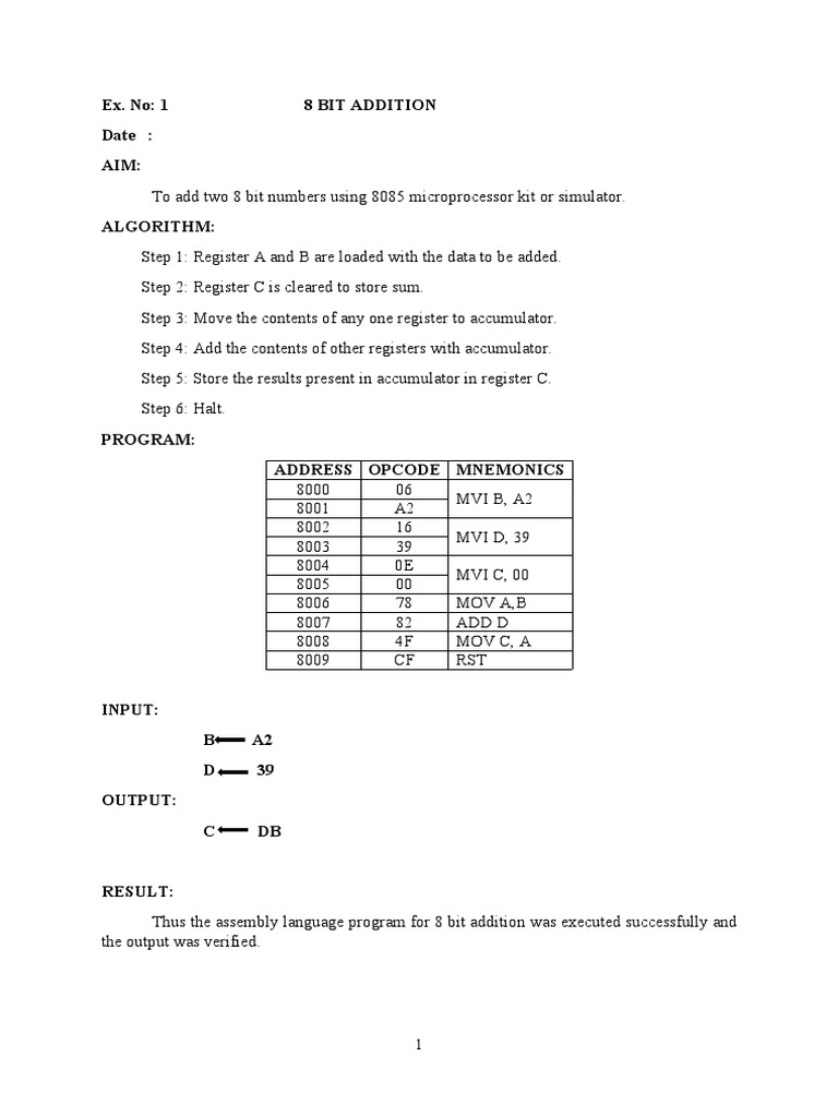 Ex. No: 1 8 Bit Addition Date: Aim | PDF | Assembly Language | Binary Coded Decimal