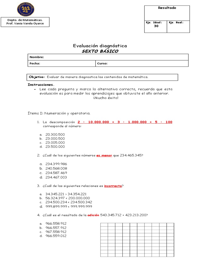 Prueba de Diagnostico 6to | PDF | Matemática Elemental | Matemáticas