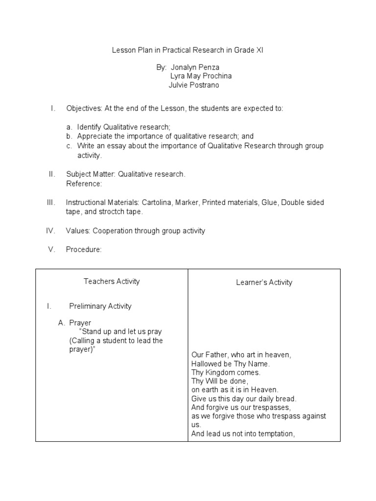 Lesson Plan on Qualitative Research Methods for Grade XI Students | PDF ...
