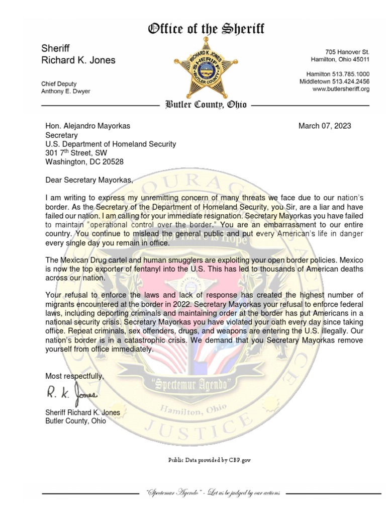 Letter To Homeland Security Secretary | PDF