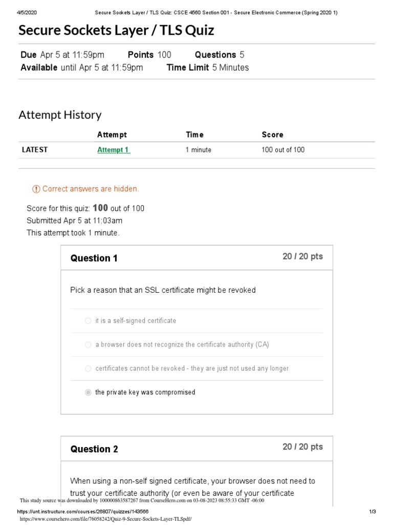 SSL/TLS Quiz for CSCE 4560 Students | PDF | Public Key Certificate | Transport Layer Security