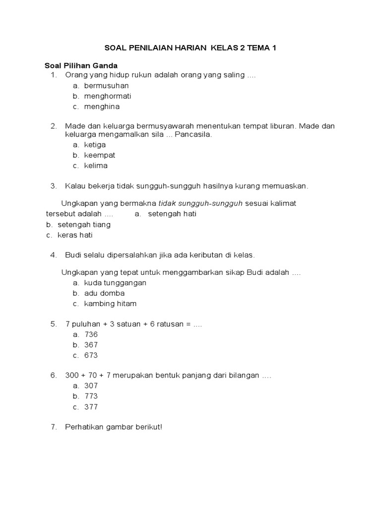 Soal, Jawaban - Kisi-Kisi PH Kelas 2 SD Tema 1 Sub Tema 1 Tipe A - B Tahun 2021-2022 | PDF