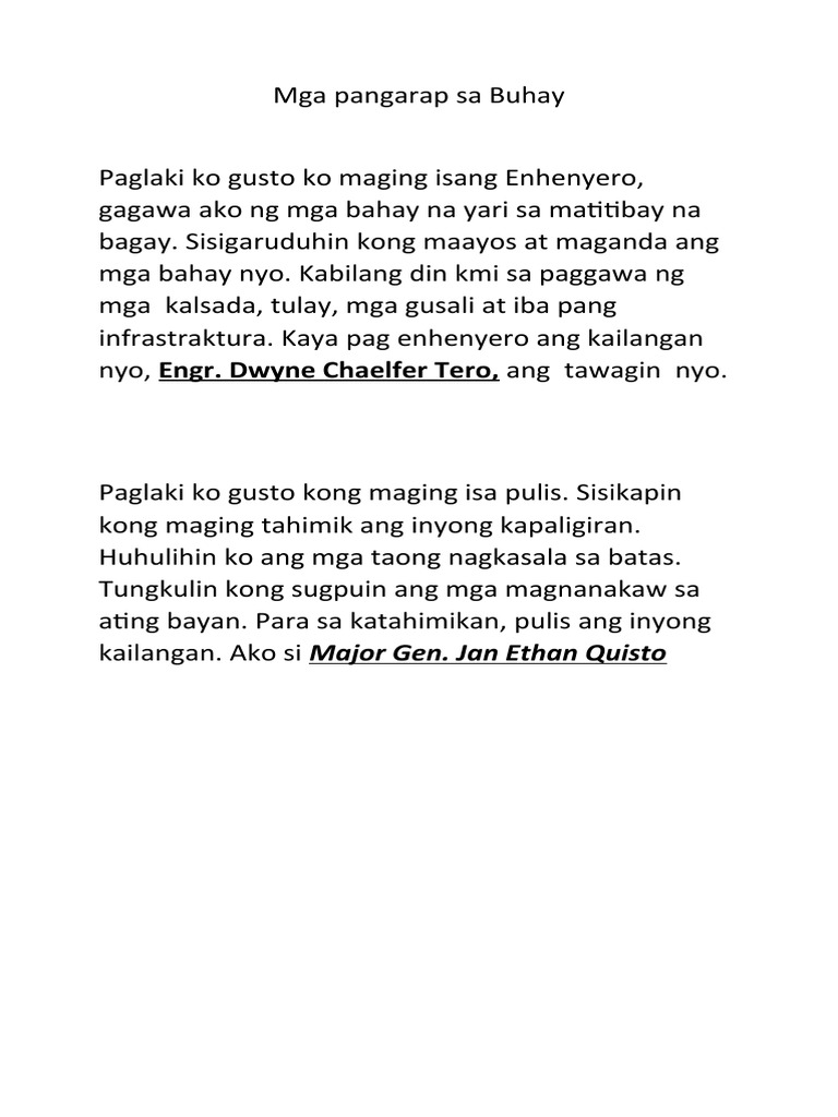 Mga Pangarap Sa Buhay New | PDF