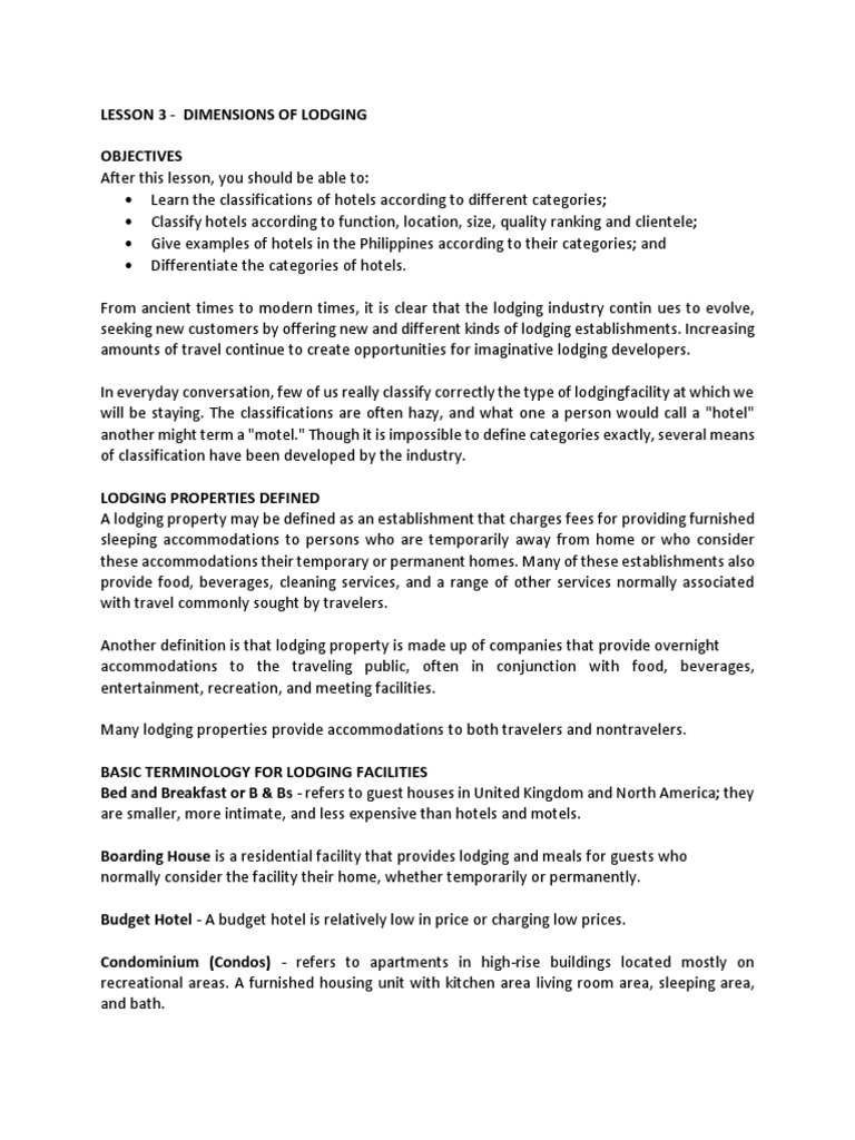 Dimensions of Lodging Classifications | PDF | Hotel | Resort