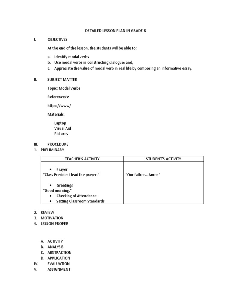 Grade 8 Lesson Plan on Modal Verbs | PDF