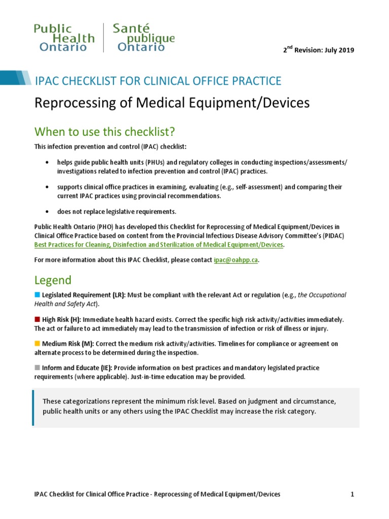 Checklist Clinical Office Reprocessing | PDF | Medical Device | Personal Protective Equipment